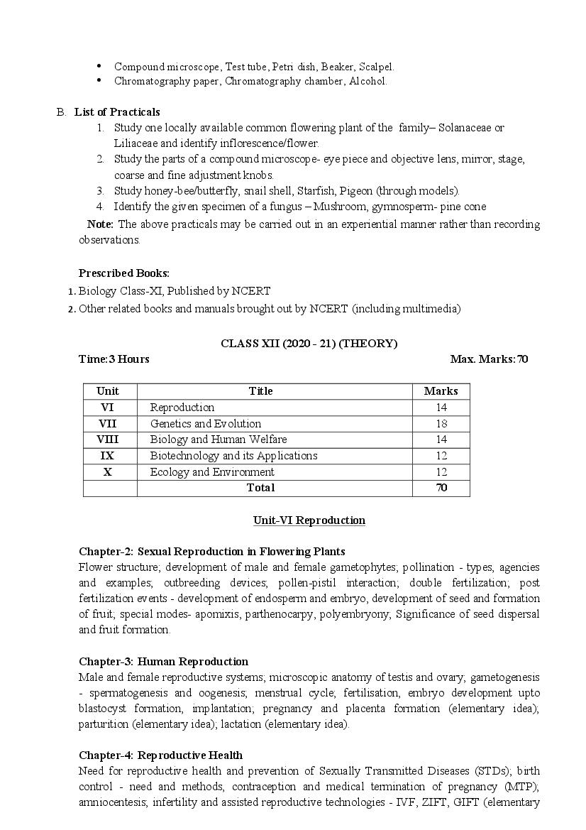CBSE Class 12 Biology Syllabus 2020 21