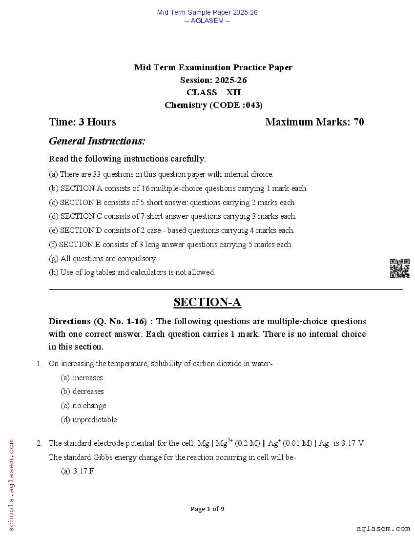 Class 12 Chemistry Mid Term Sample Paper 2025 PDF | Download PT1 / Term ...