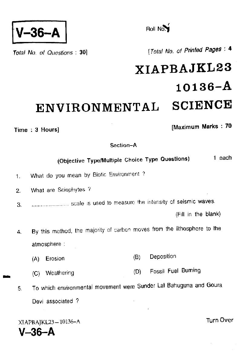 JKBOSE Class 11th Environmental Science Question Paper (PDF) - AglaSem