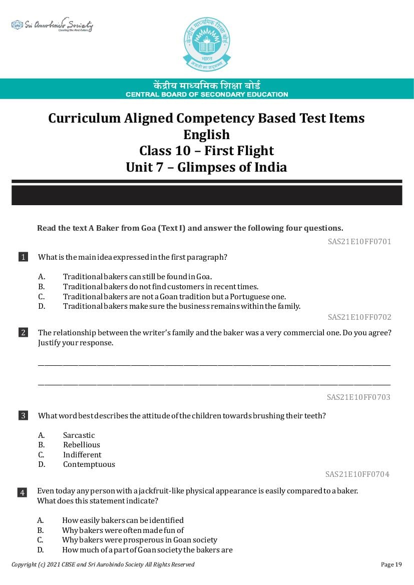 Class 10 English Competency Based Questions 2025 - Download PDF - AglaSem
