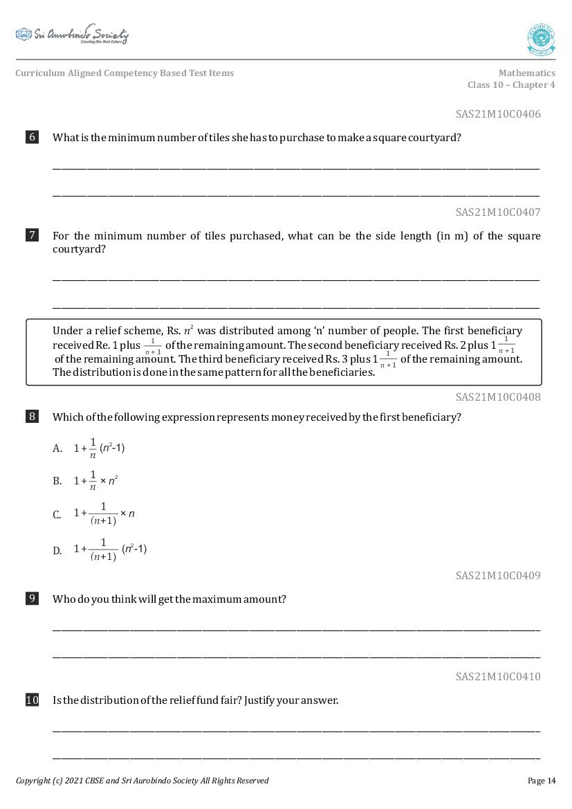 Class 10 Maths Competency Based Questions 2025 - Download PDF - AglaSem