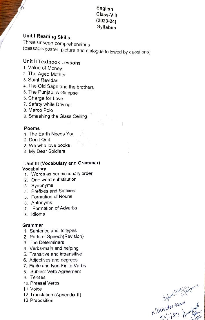 PSEB Class 8th English Syllabus 2024 PDF PSEB Class 8th English Syllabus 2024 PDF