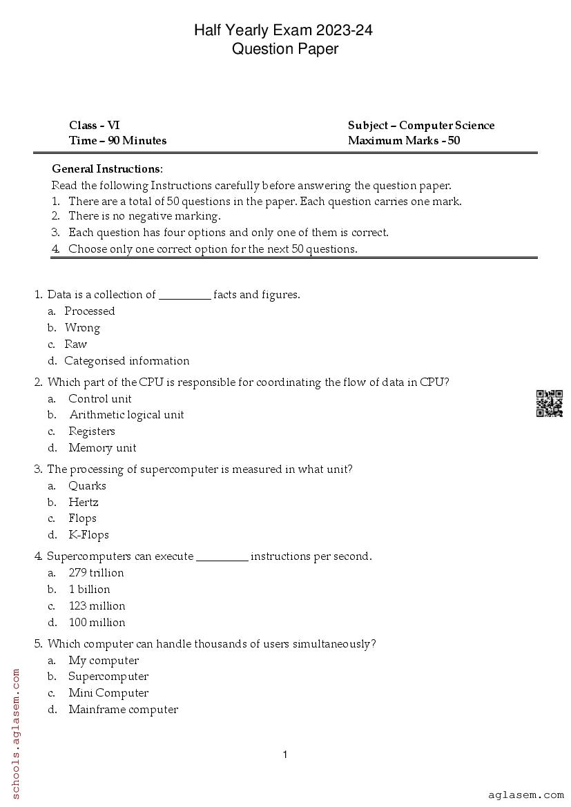 Class 6 Computer Science Half Yearly Question Paper 2024 | Download 6th ...