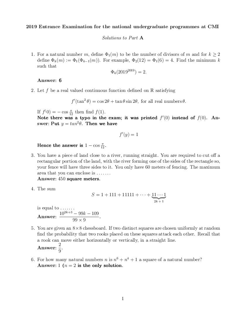 CMI Entrance Exam 2019 Question Paper Solution B.Sc Maths & Computer