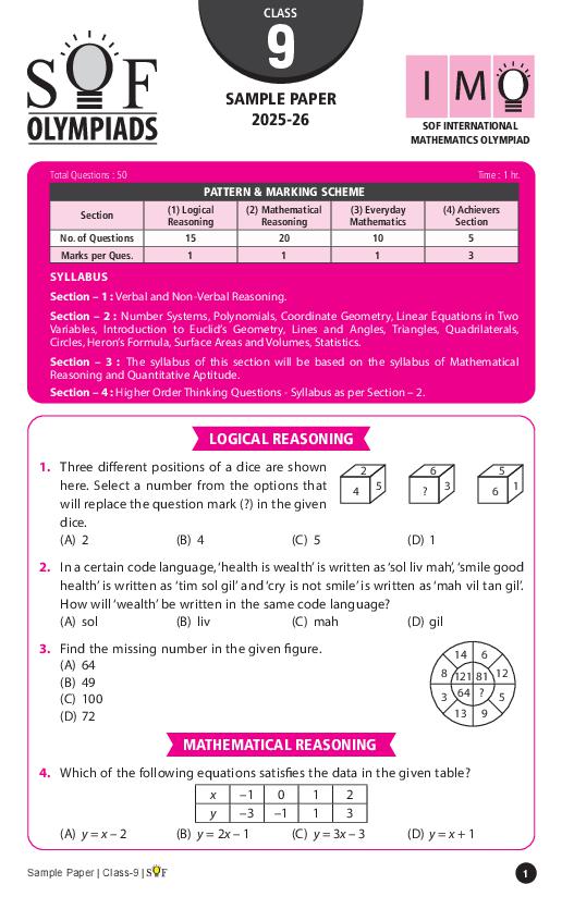 SOF IMO Sample Paper 2026 Class 9