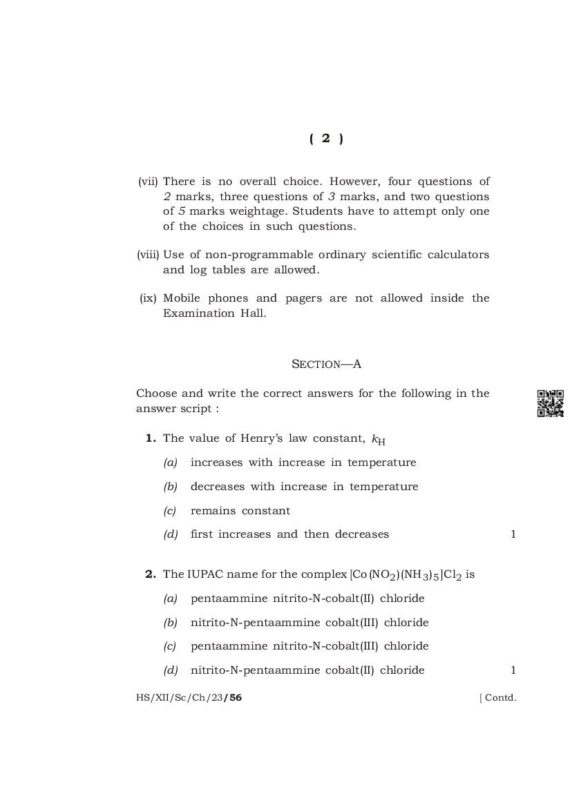 MBOSE HSSLC Chemistry Sample Question Paper 2025 (PDF) - Meghalaya ...