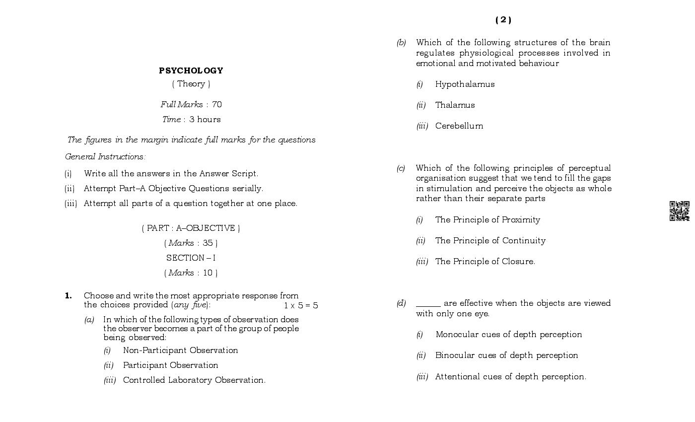 MBOSE Class XI Psychology Sample Question Paper 2025 (PDF) - Meghalaya ...