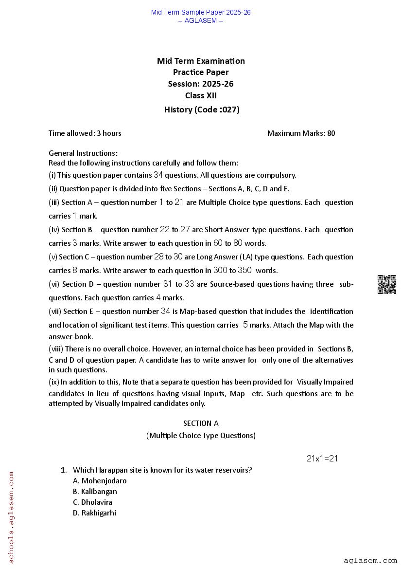 Class 12 History Mid Term Sample Paper 2025 PDF | Download PT1 / Term 1 ...