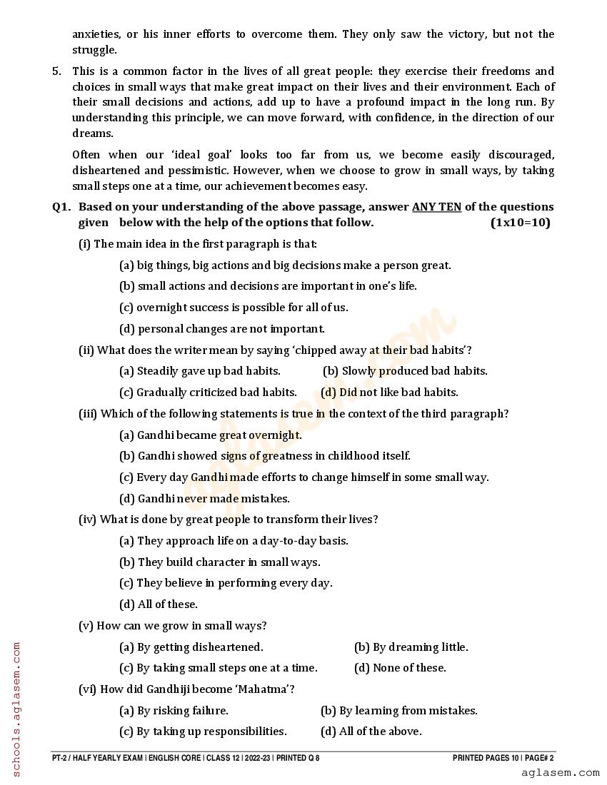 Class 12 English Half Yearly Question Paper 2023 (PDF) - 12th Half ...