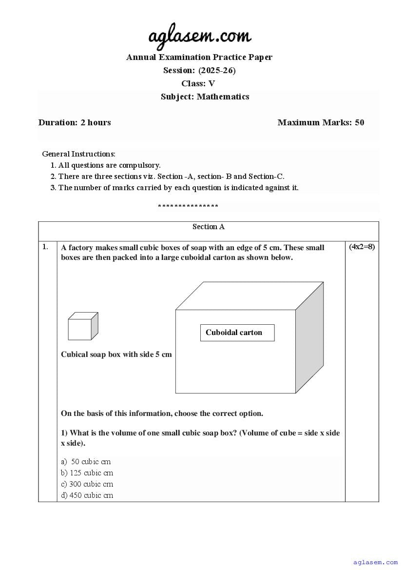 Class 5 Maths Sample Paper 2026 PDF - Download Maths Model Question ...