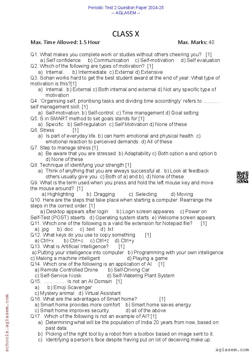 Class 10 PT 2 Question Paper Artificial Intelligence 2024-25 PDF ...