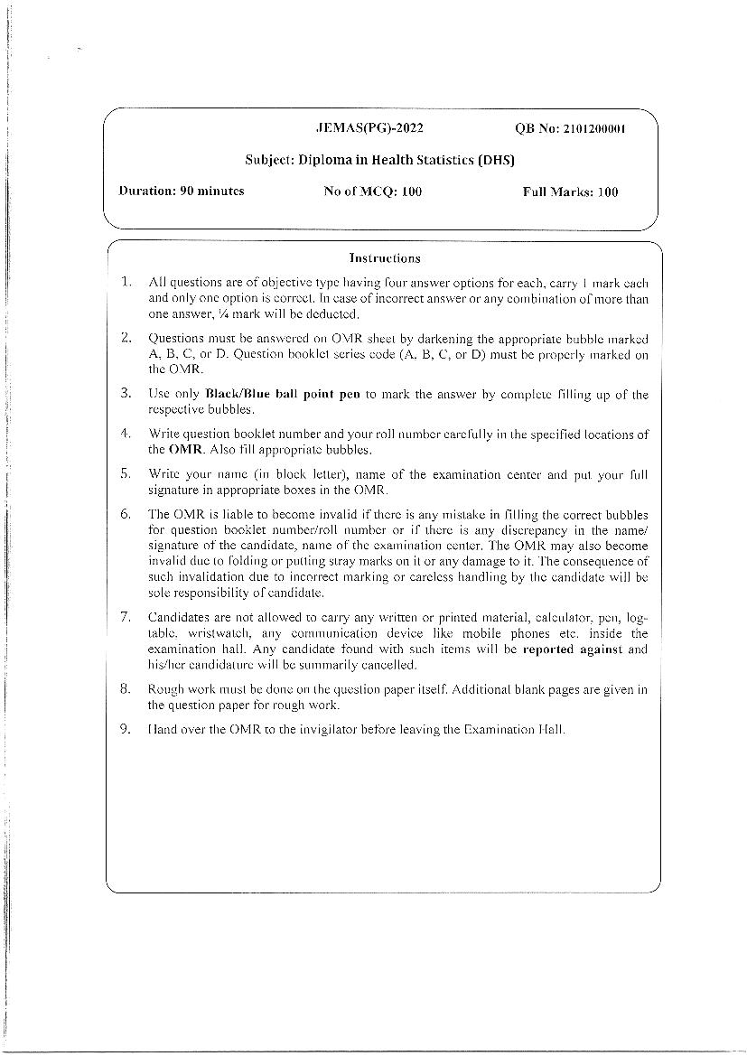 JEMAS PG 2022 Question Paper DHS