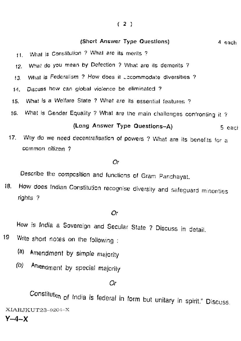 JKBOSE Class 11th Political Science Question Paper (PDF) - AglaSem