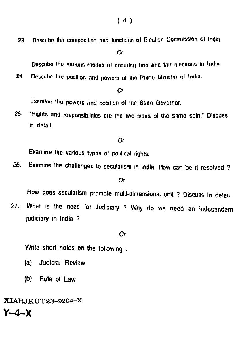JKBOSE Class 11th Political Science Question Paper (PDF) - AglaSem
