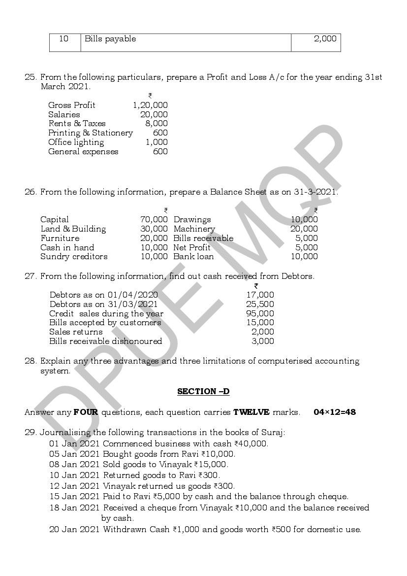 Karnataka 1st PUC Model Question Paper for Accountancy 2022