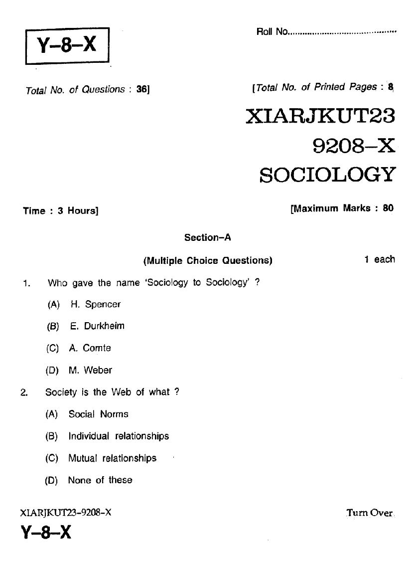 JKBOSE Class 11th Sociology Question Paper PDF 2024 2023 2022