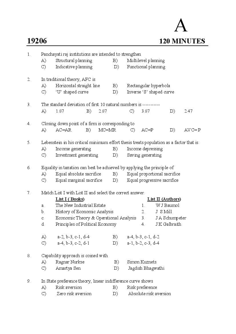 Kerala SET 2019 Feb Question Paper Economics