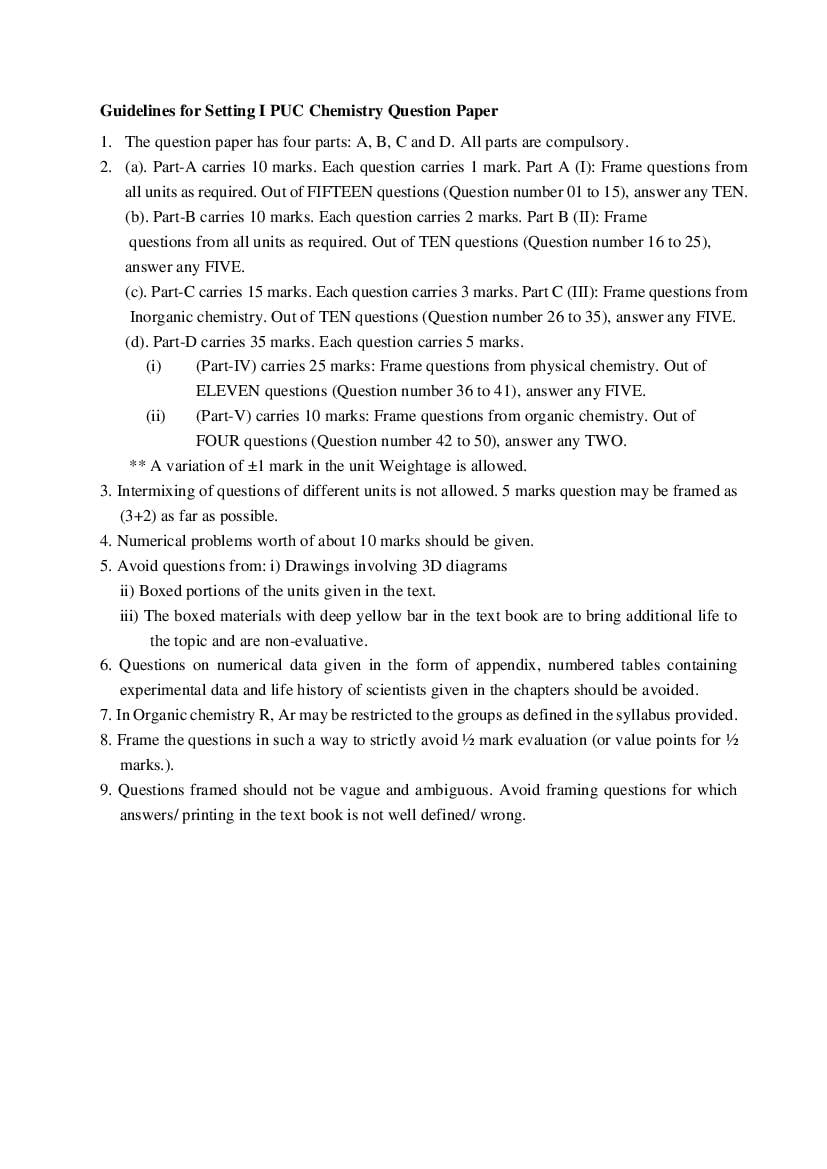 Karnataka 1st PUC Model Question Paper for Chemistry 2022