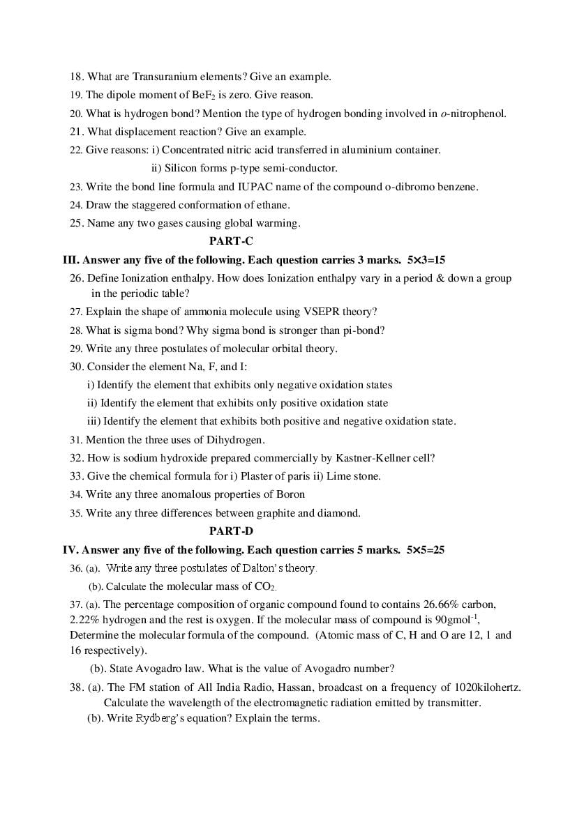 Karnataka 1st PUC Model Question Paper for Chemistry 2022