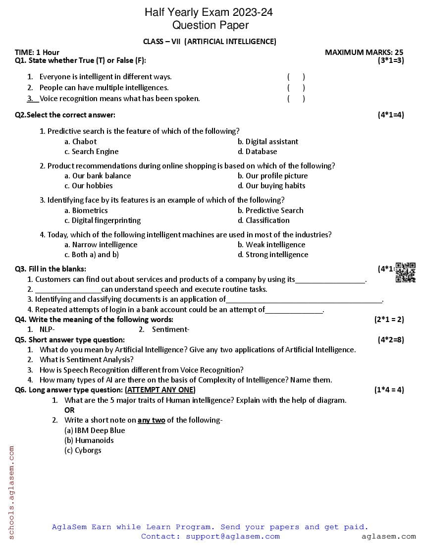 Class 7 Artificial Intelligence Half Yearly Question Paper 2024 ...