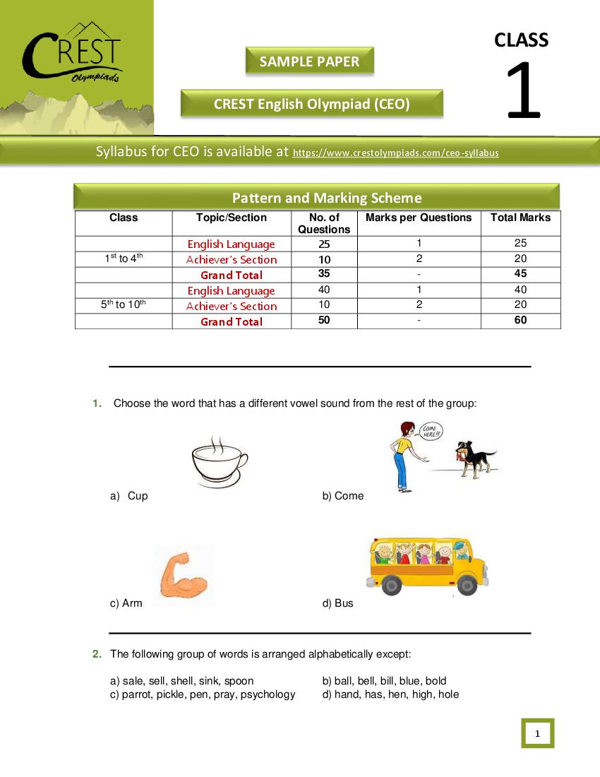 CREST English Olympiad CEO Class 1 Sample Paper