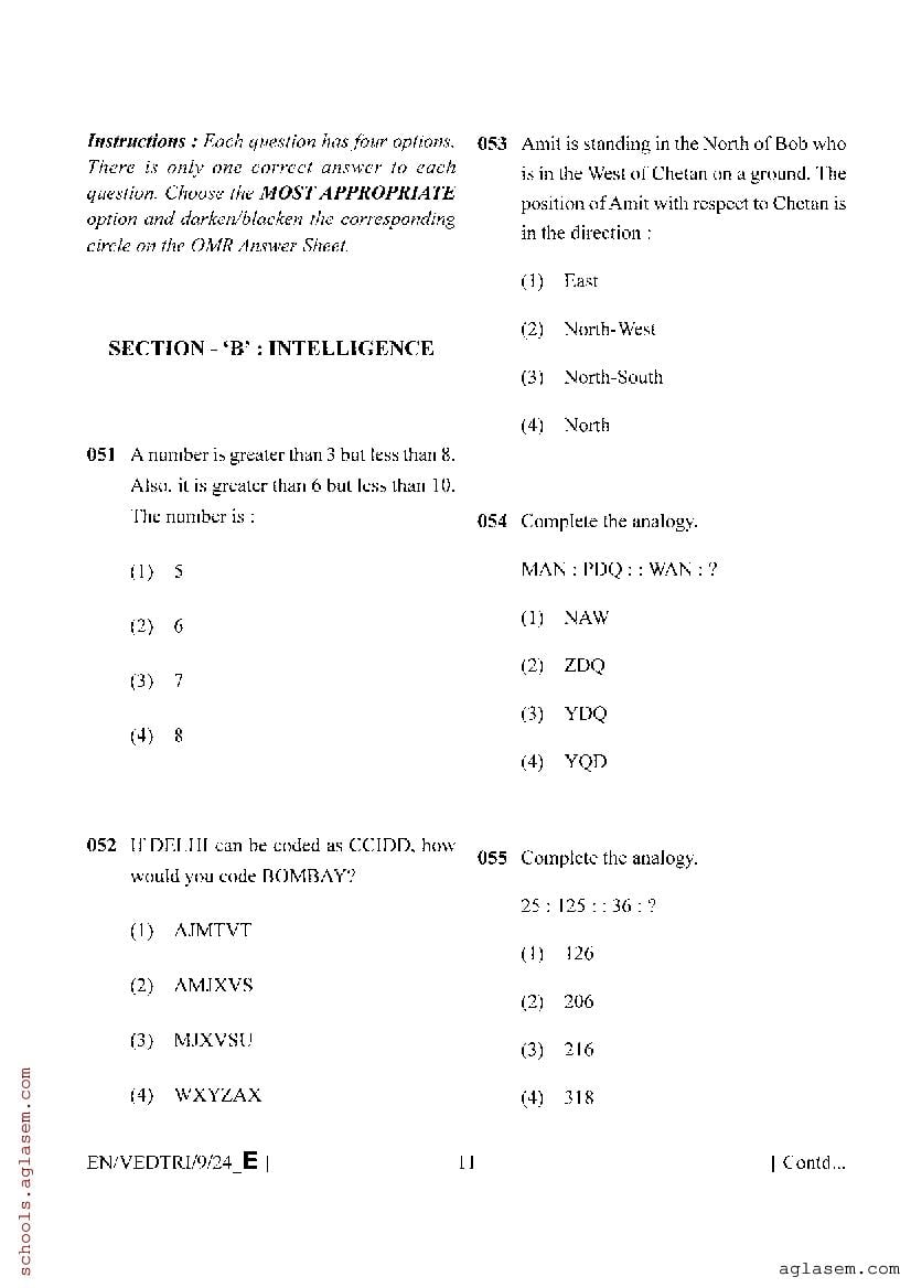 AISSEE 2024 Question Paper Class 9 - PDF Download Sainik School Entrance Exam with Answer Key ...