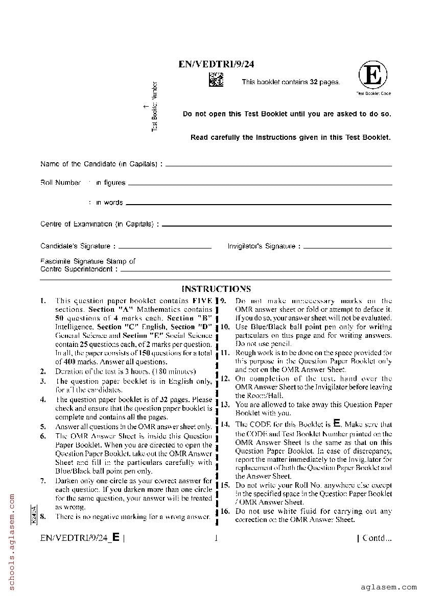 AISSEE 2024 Question Paper Class 9 - PDF Download Sainik School ...
