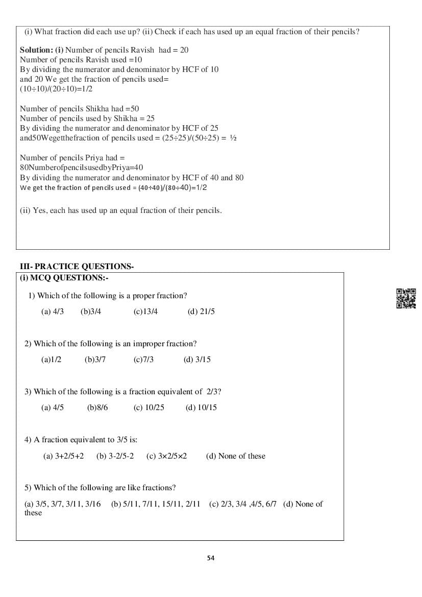 Class 6 Maths Notes for Fractions (PDF) - Study Material - AglaSem
