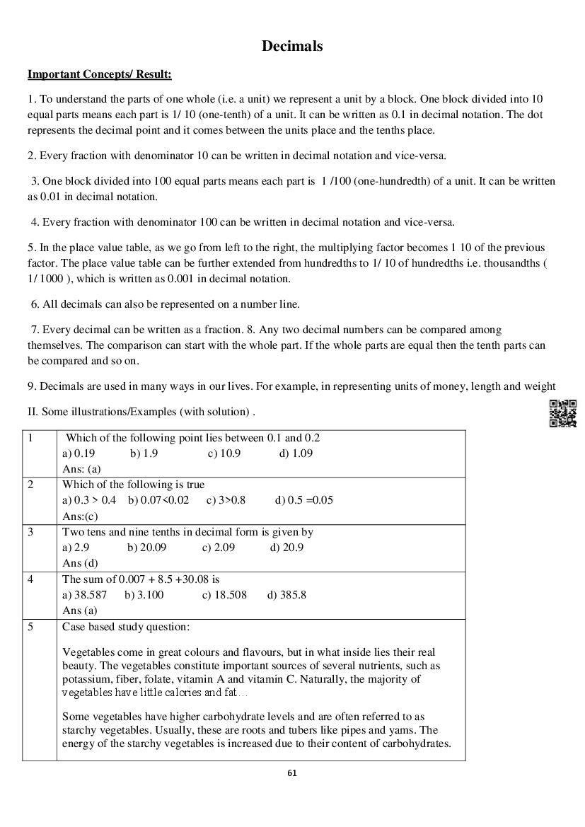 Class 6 Maths Notes for Decimals (PDF) - Study Material - AglaSem