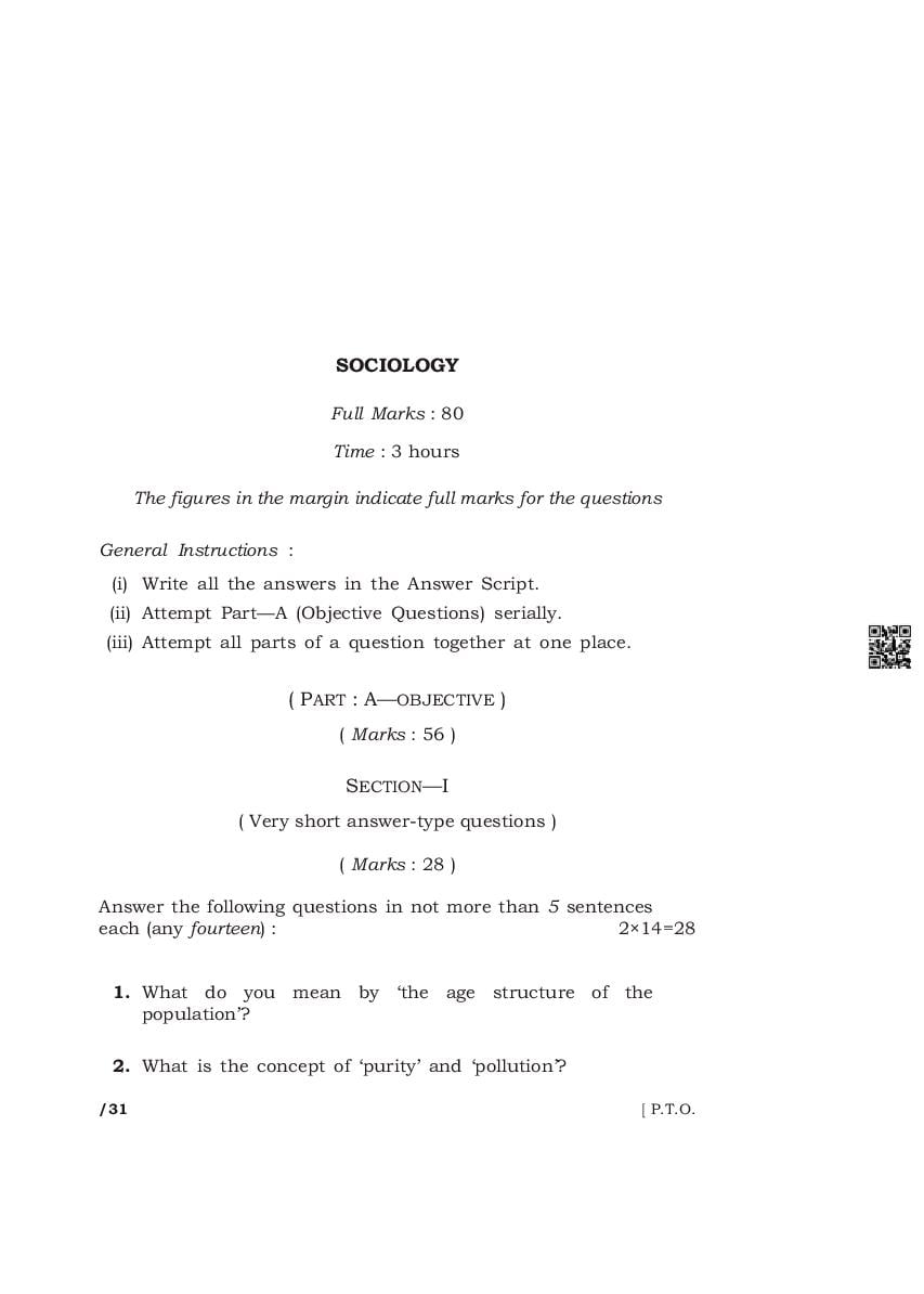 MBOSE HSSLC Sociology Sample Question Paper 2025 (PDF) - Meghalaya ...