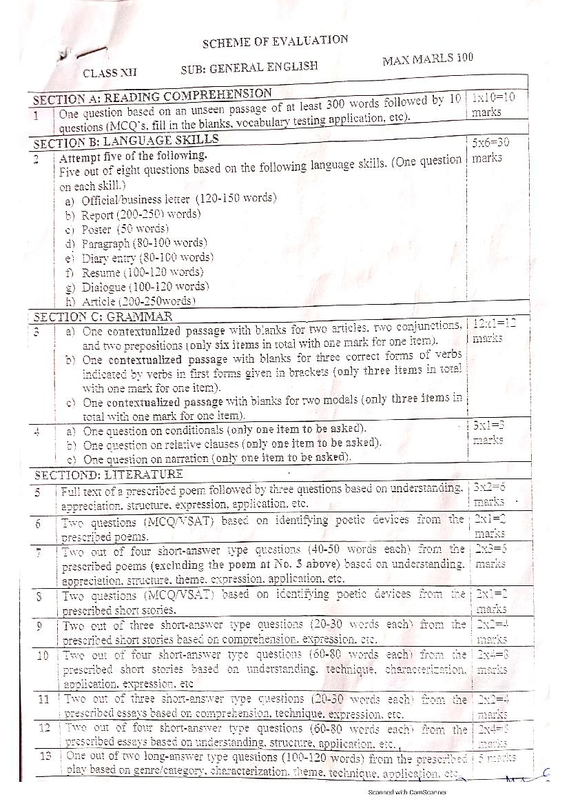 JKBOSE Class 12 Model Question Paper 2021 For English General 