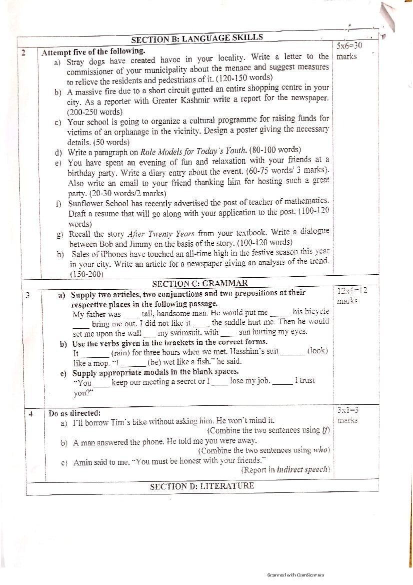JKBOSE Class 12th Model Paper Of English General PDF JKBOSE 12th