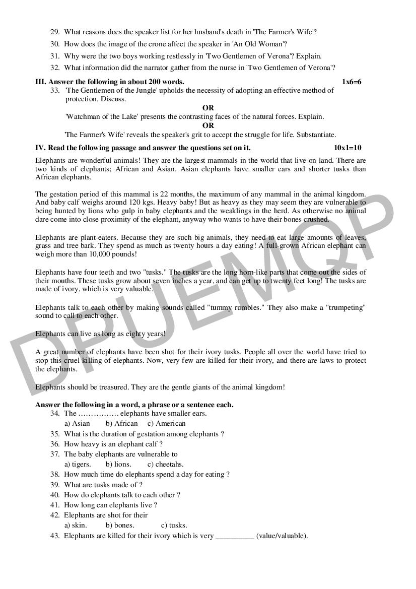 Karnataka 1st PUC Model Question Paper for English 2022
