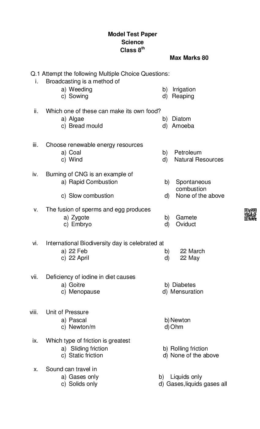 PSEB 8th Science Sample Paper 2025 (PDF) | Download Punjab Board Model Paper for Class 8 Science ...