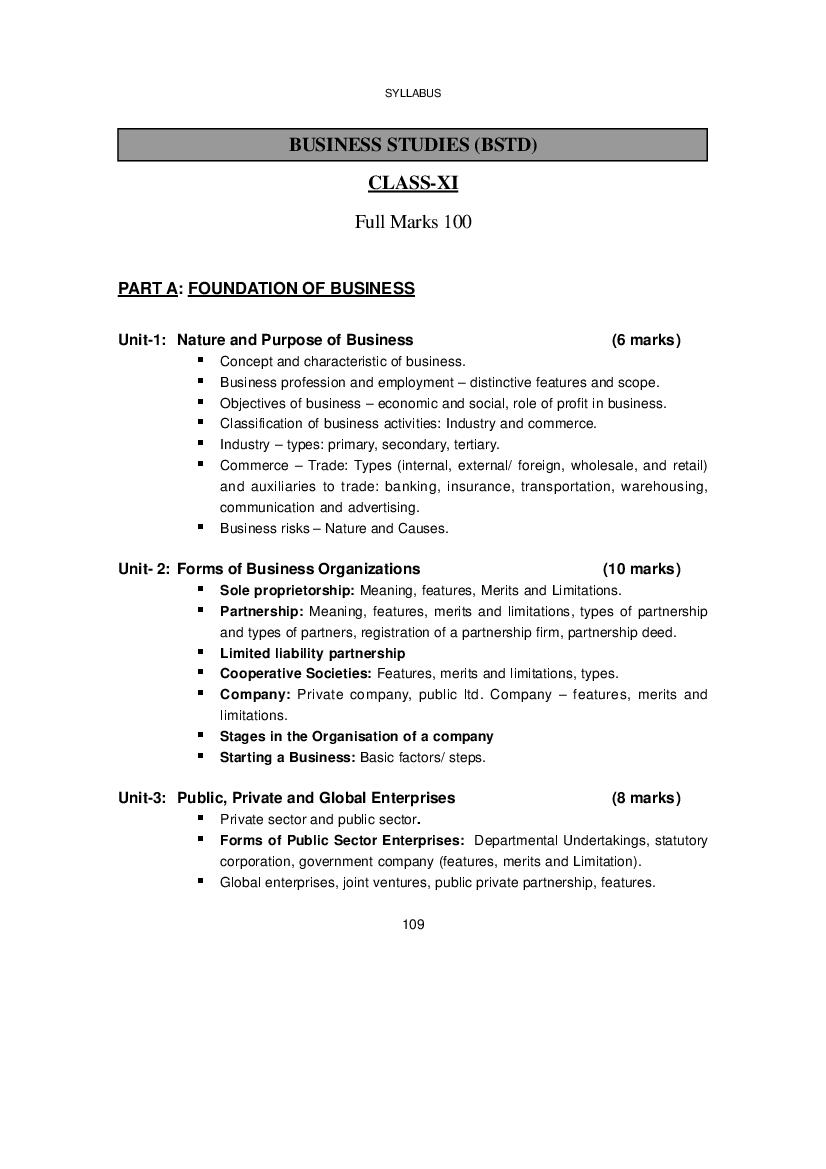WBCHSE Class 11 Syllabus For Business Studies
