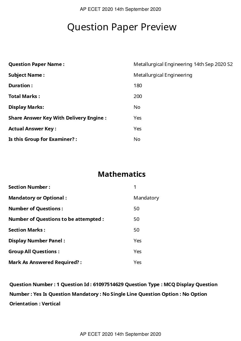 AP ECET 2020 Question Paper Metallurgical Engineering