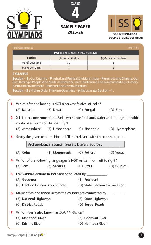 SOF ISSO Sample Paper 2026 Class 4