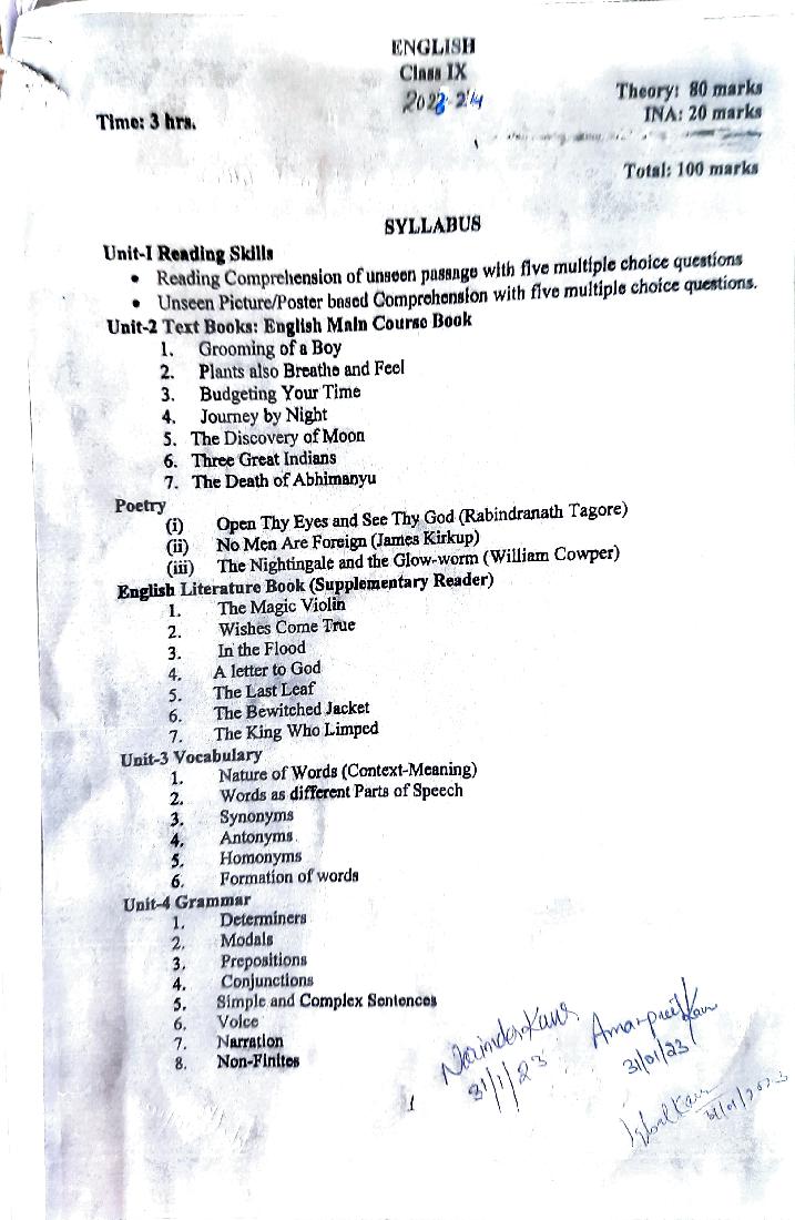 PSEB Class 9th English Syllabus 2024 PDF 
