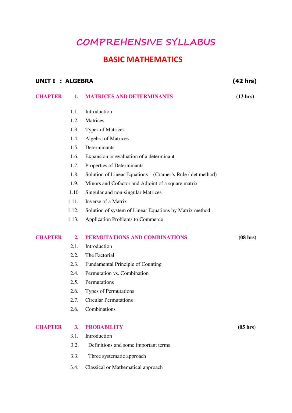 2nd PUC Syllabus For Basic Maths