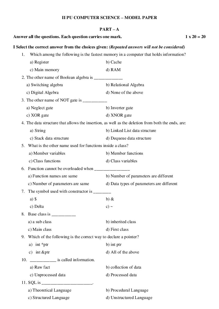 Karnataka 2nd PUC Computer Science Model Question Paper 2023 PDF 