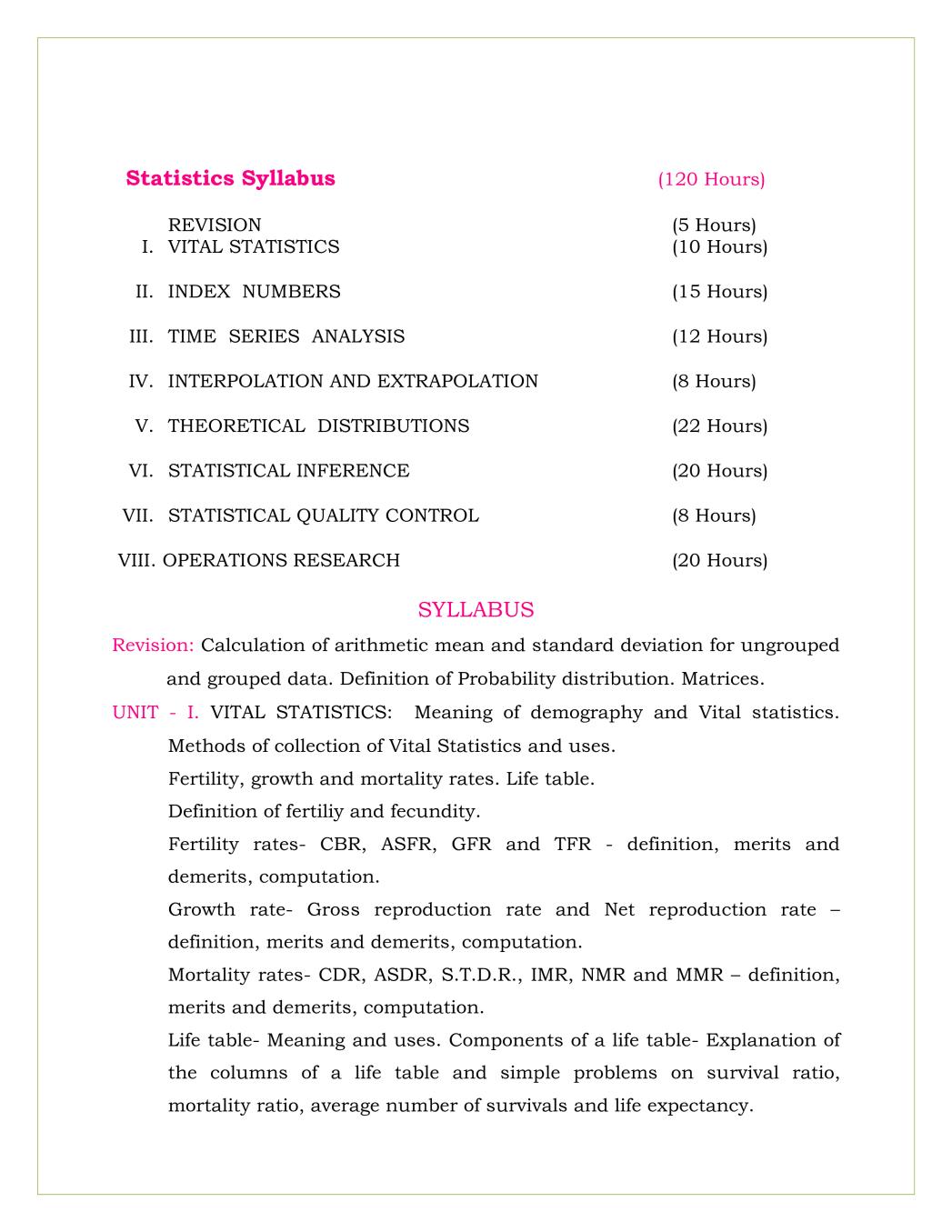 2nd PUC Syllabus For Statistics 2nd PUC Syllabus For Statistics