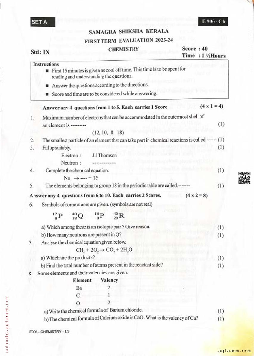 Class 9 Chemistry Onam Exam Question Paper 2024 | Kerala Std 9 First ...