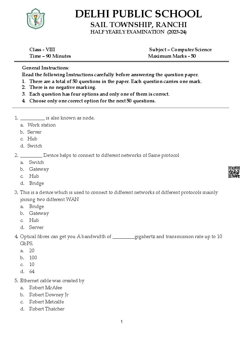 Class 8 Computer Science Half Yearly Question Paper 2024 | Download 8th ...