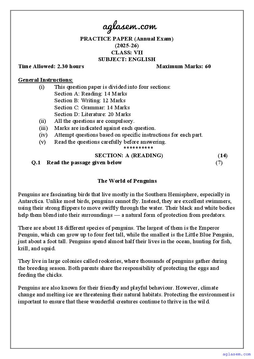 Class 7 English Sample Paper 2026 PDF - Download English Model Question ...