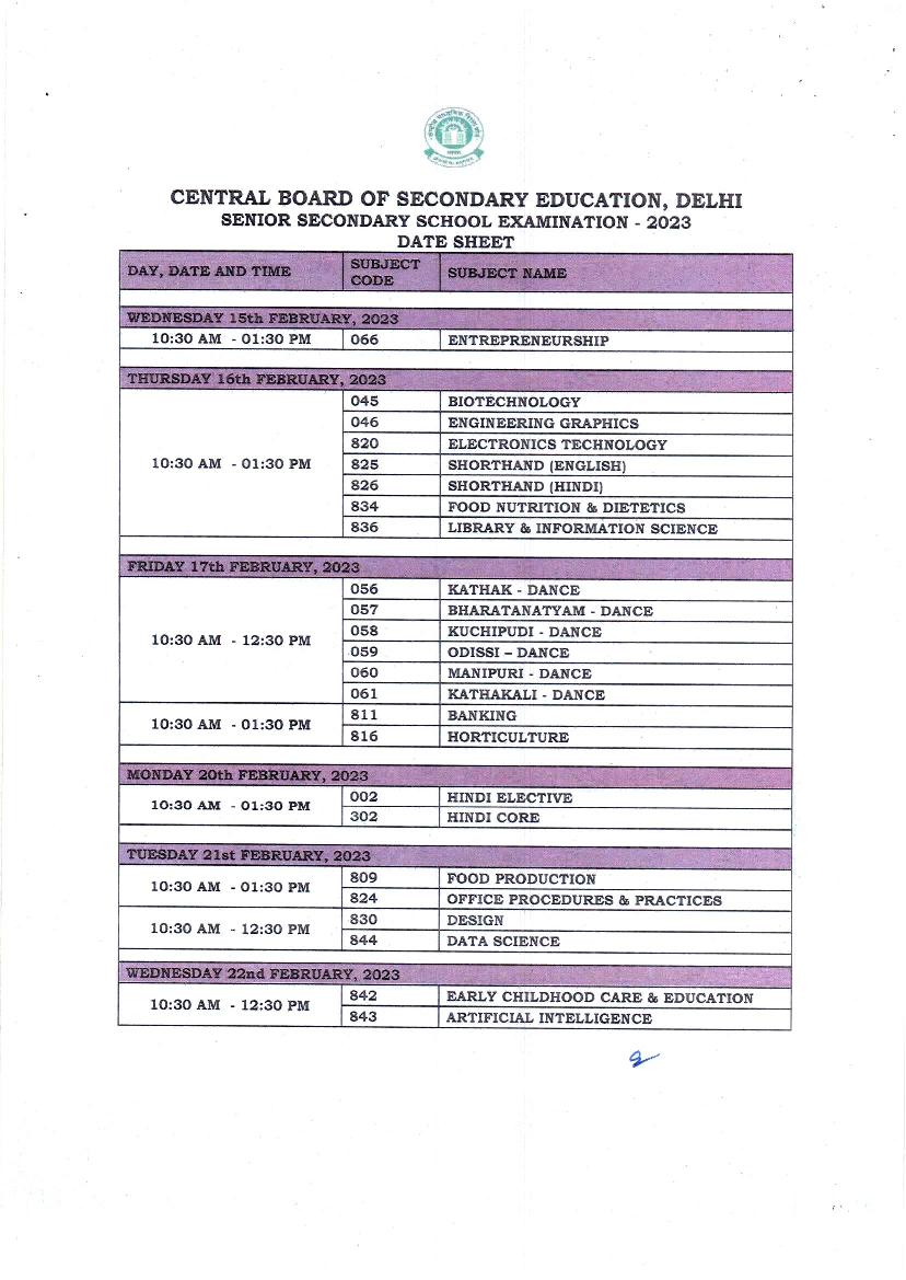 CBSE Class 12 Date Sheet 2023