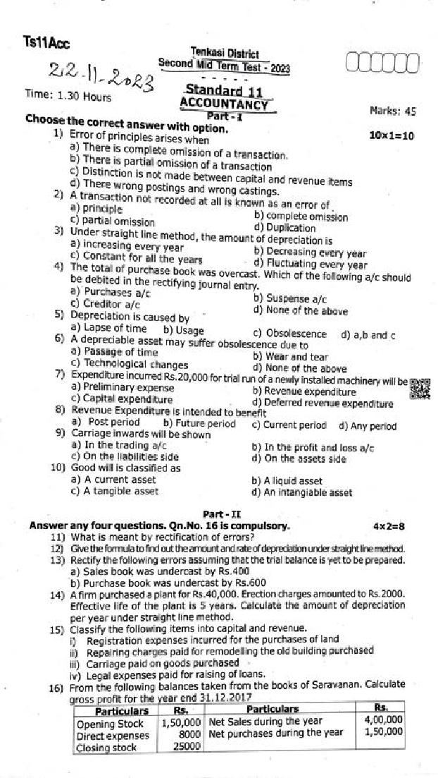 TN 11th Accountancy Second Mid Term Question Paper 2024 | 2nd Mid Term PYQP Download PDF - AglaSem