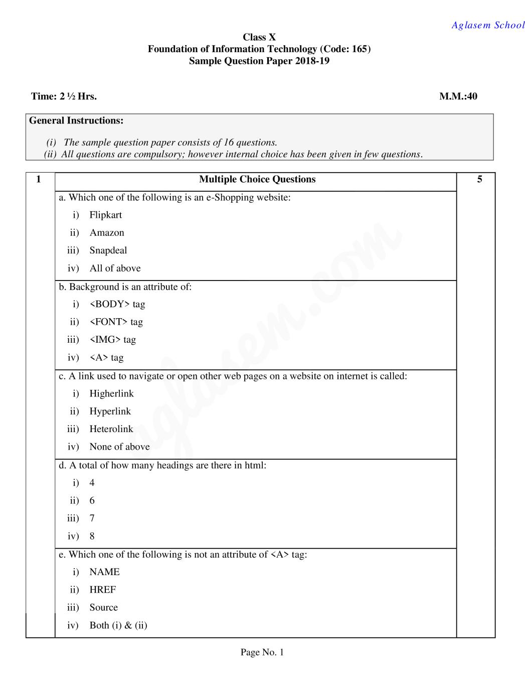 CBSE Class 10 Sample Paper 2019 For Foundation Of Information Technology