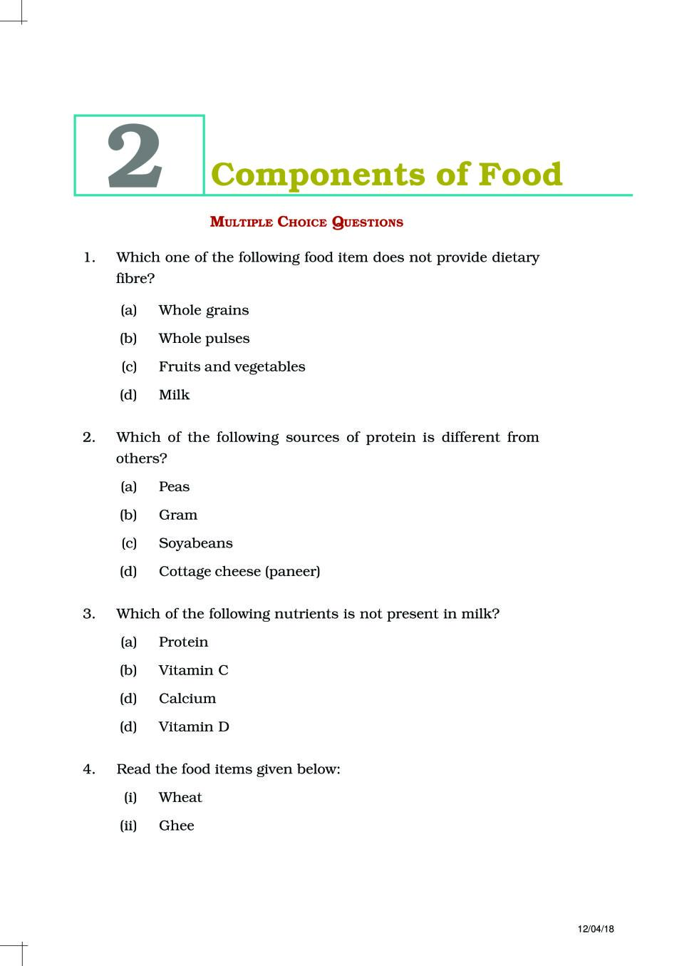 NCERT Exemplar Class 06 Science Unit 2 Components Of Food