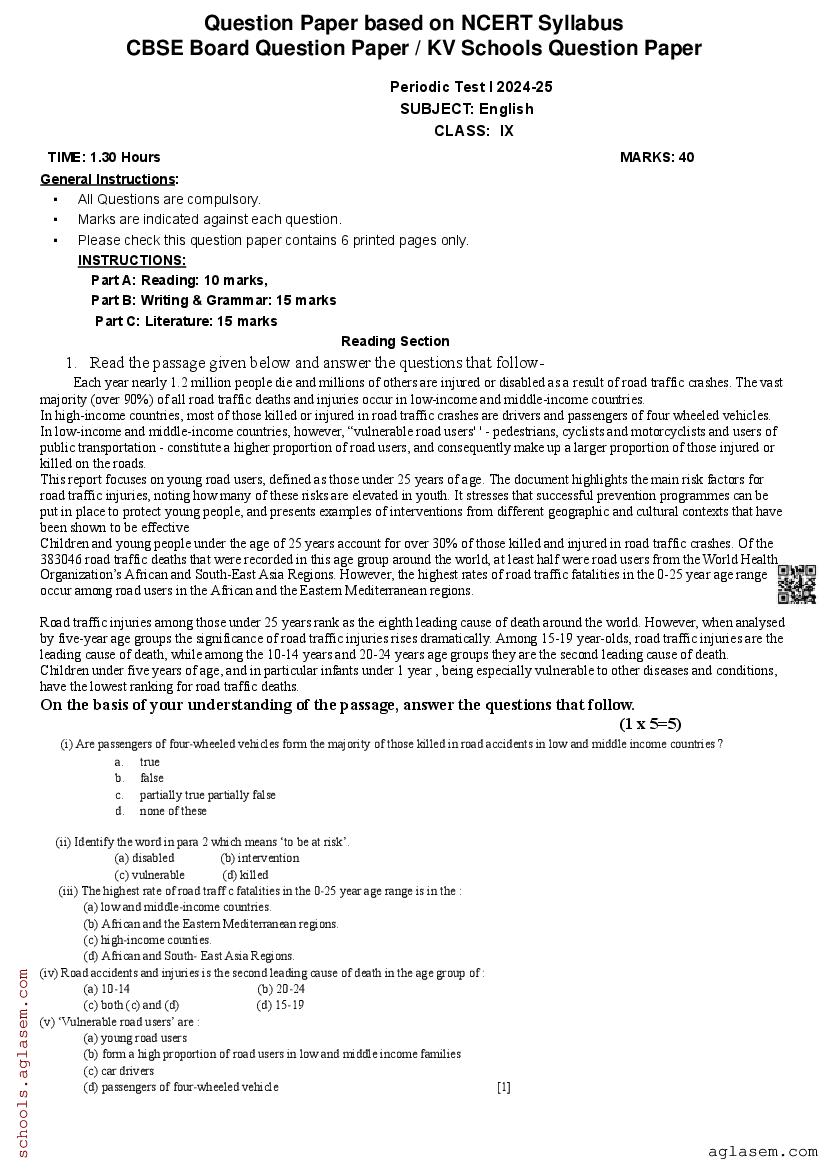 Class 9 PT 1 Question Paper English 2024-25 | Download Periodic Test 1 ...