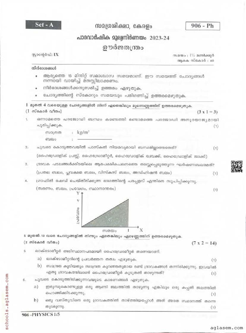 Class 9 Physics Onam Exam Question Paper 2024 | Kerala Std 9 First Term ...